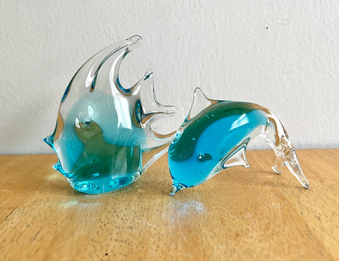 Dolphin & Fish Blue Clear Glass Paperweights - Etsy