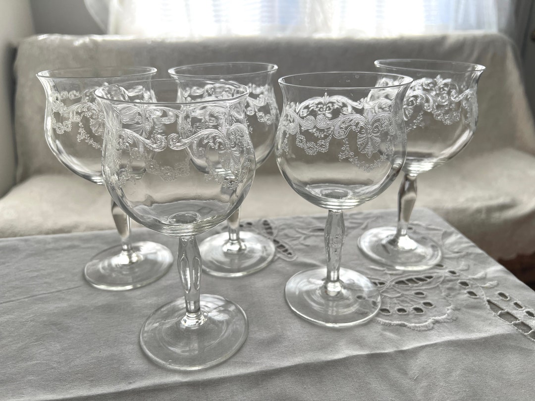 5 Fry Etched Glass Optic Water Goblets Wine Glasses 11oz - Etsy
