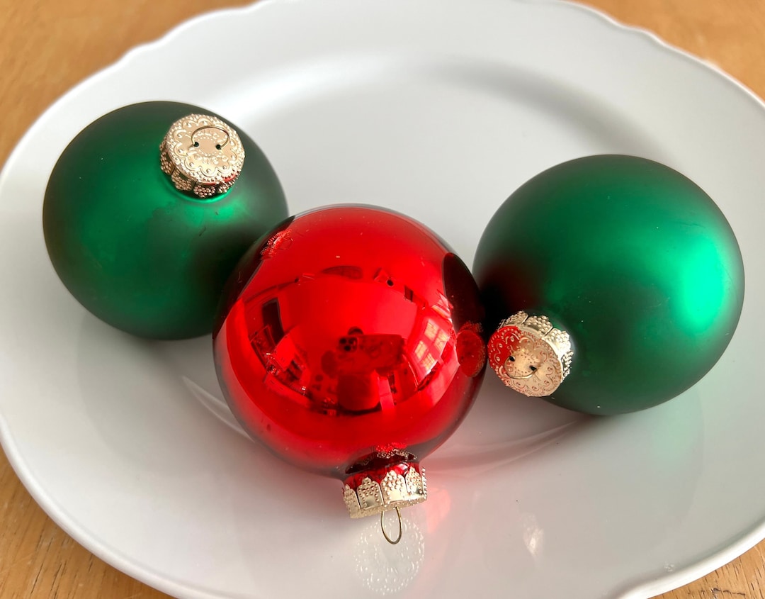 3 Glass Ball Christmas Ornaments, 2green & 1red Tree Ornaments - Etsy