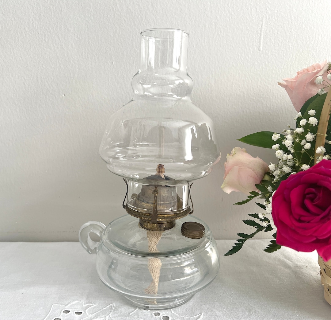 Clear Glass Oil Lamp With Brass Banner Burner & Clear Glass Hurricane ...