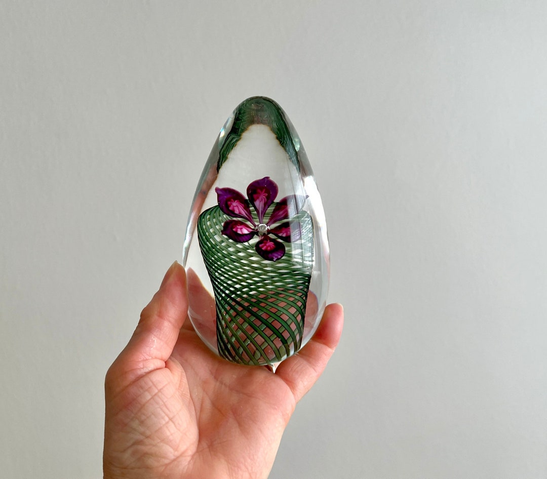 Vandermark Egg Shaped Paperweight, Clear Glass With Purple Flower and ...