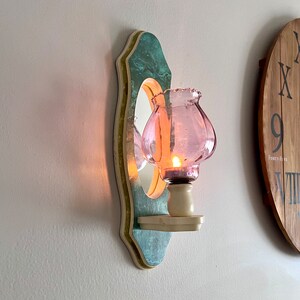Wooden Teal & Cream Color 80's Mirror Wall Candle Sconces With Pink ...