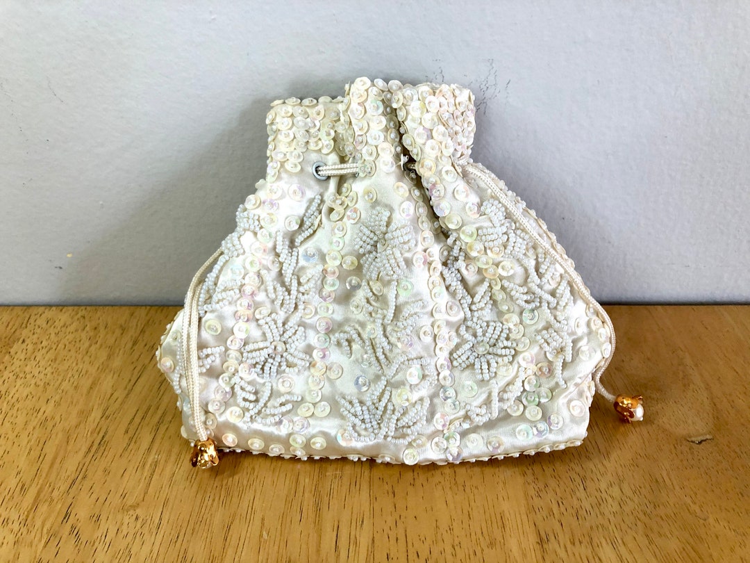 Beaded and Sequined Cream Color Pouch, Purse, Evening Bag, Handmade in ...