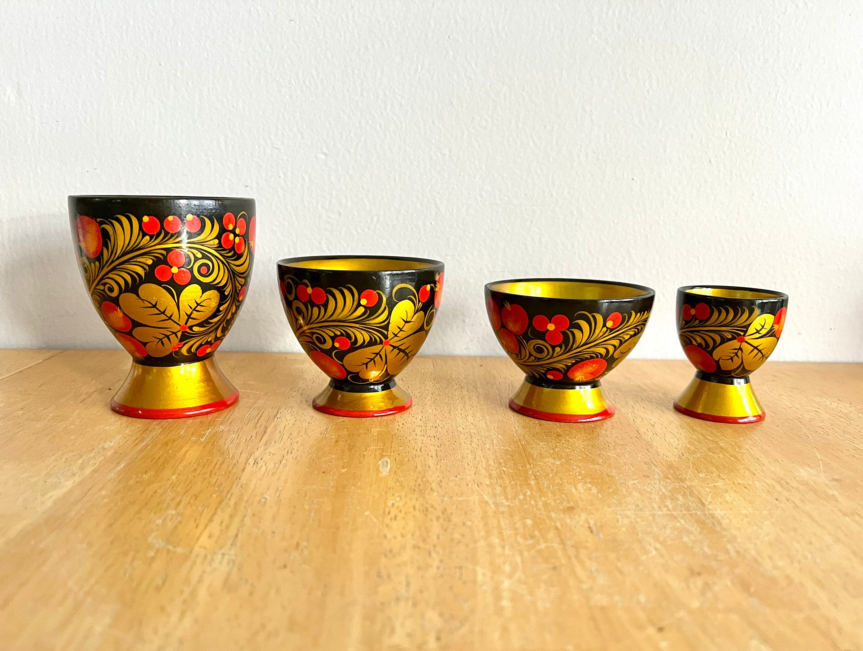 4 Vintage Russian Hand Painted Lacquered Wooden Khokhloma Cups - Etsy
