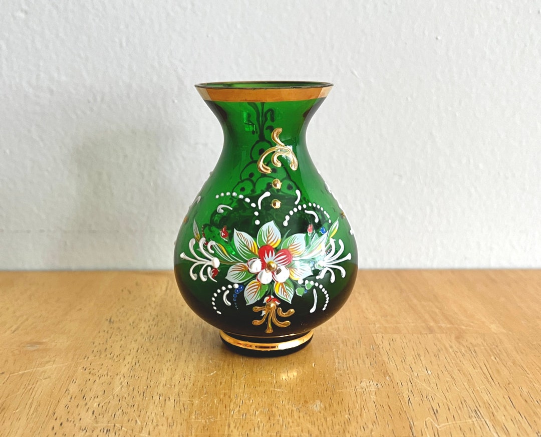 Murano Emerald Green Enameled Glass Vase, Hand Painted Gilded Art Glass ...