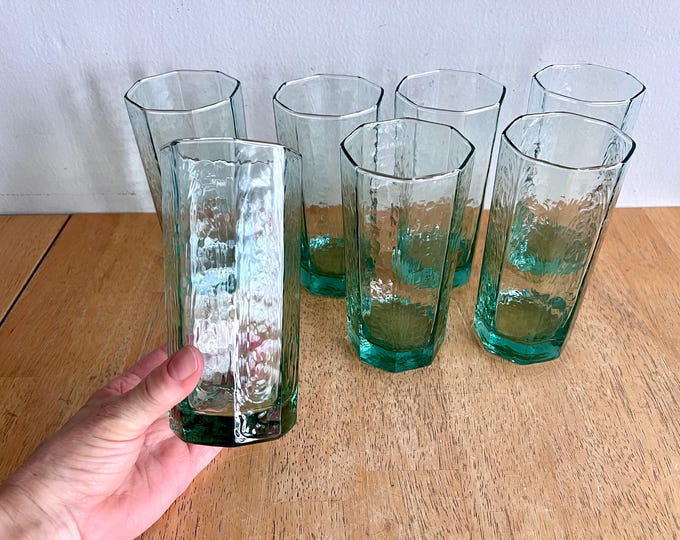 7 Libbey Light Green Octagonal Textured Glass Tumblers, 16oz Highball ...