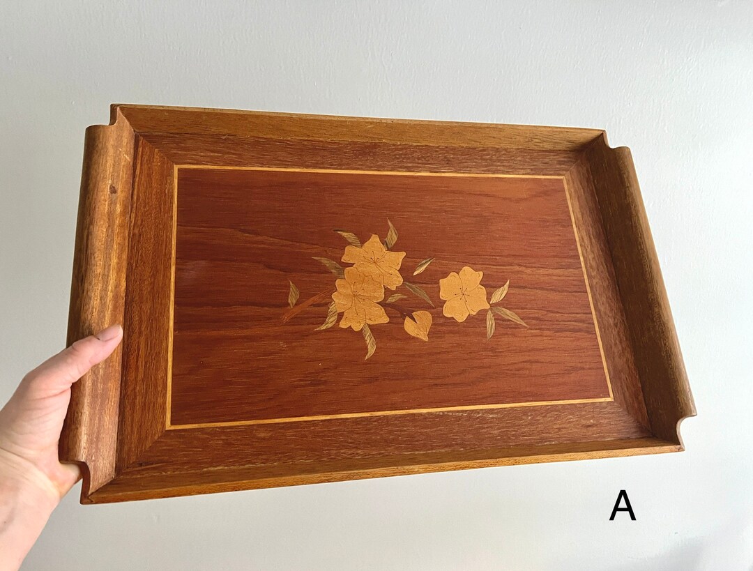 Vintage Inlaid Wood Tray With Floral Pattern and Handles, Farmhouse ...