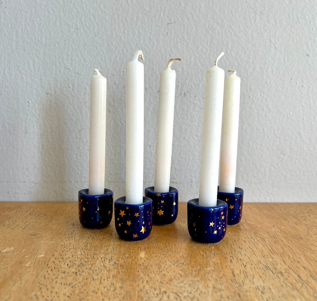 5 Miniature Cobalt Blue Porcelain Candle Holders With Gold Stars, Made ...