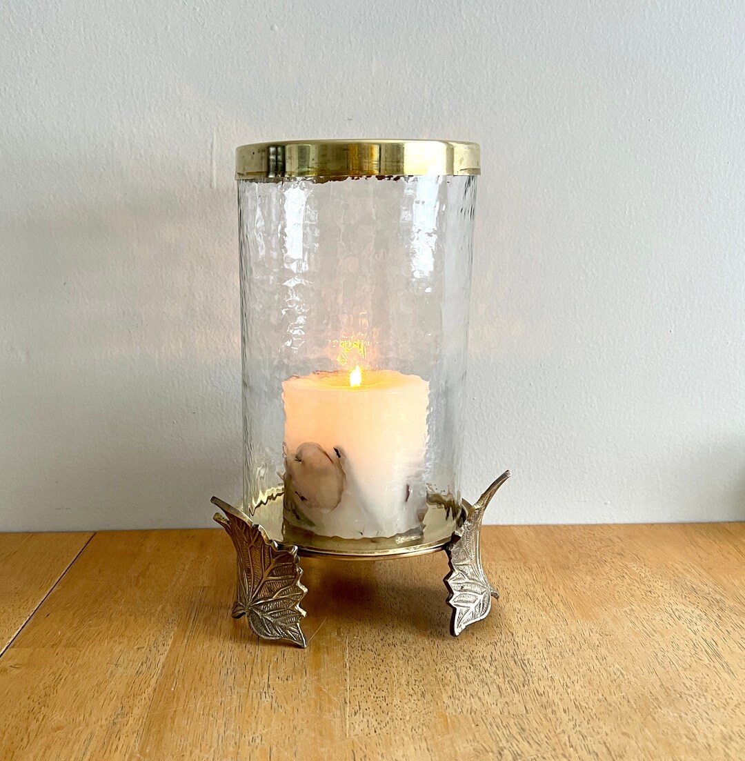 Brass Candle Holder With Cylinder Crackle Glass Hurricane - Etsy