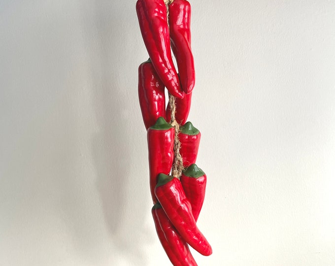 Nine Ceramic Red Jalapeno Peppers Hanging on Jute Rope, Kitchen Decor ...