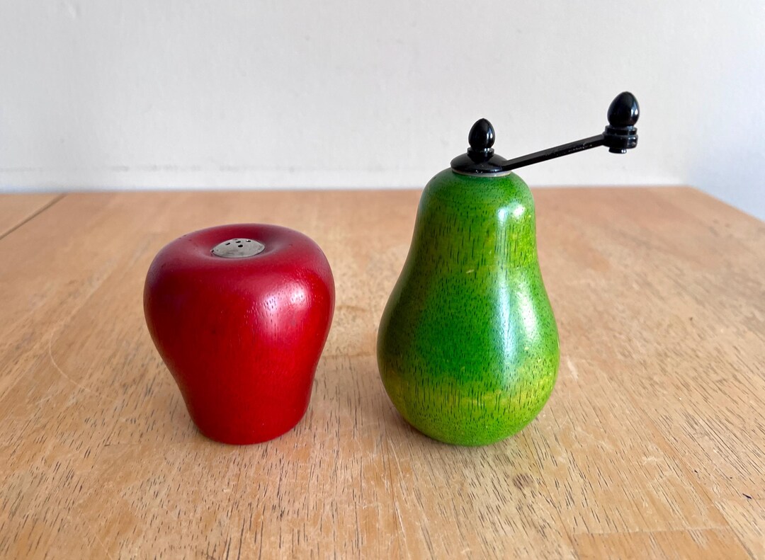 Wooden Red Apple Salt Shaker & Green Pear Pepper Grinder Sat, Fruit ...