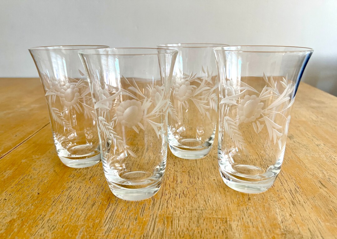 4 Etched Floral Pattern Clear Glass Tumblers/drinking Glasses - Etsy
