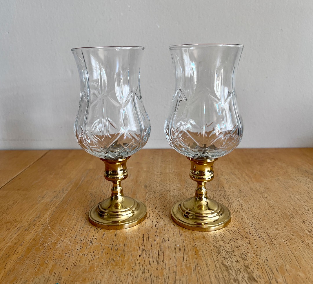 2 Solid Brass Short Candlestick Holders With Clear Glass Votive Candle ...
