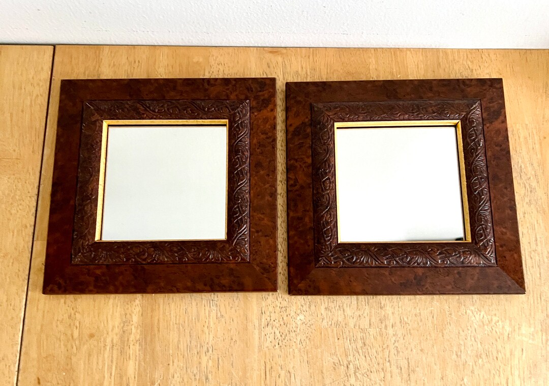 2 Small Brown Wooden Accent Mirrors, Wall Hanging Square or Diamond ...