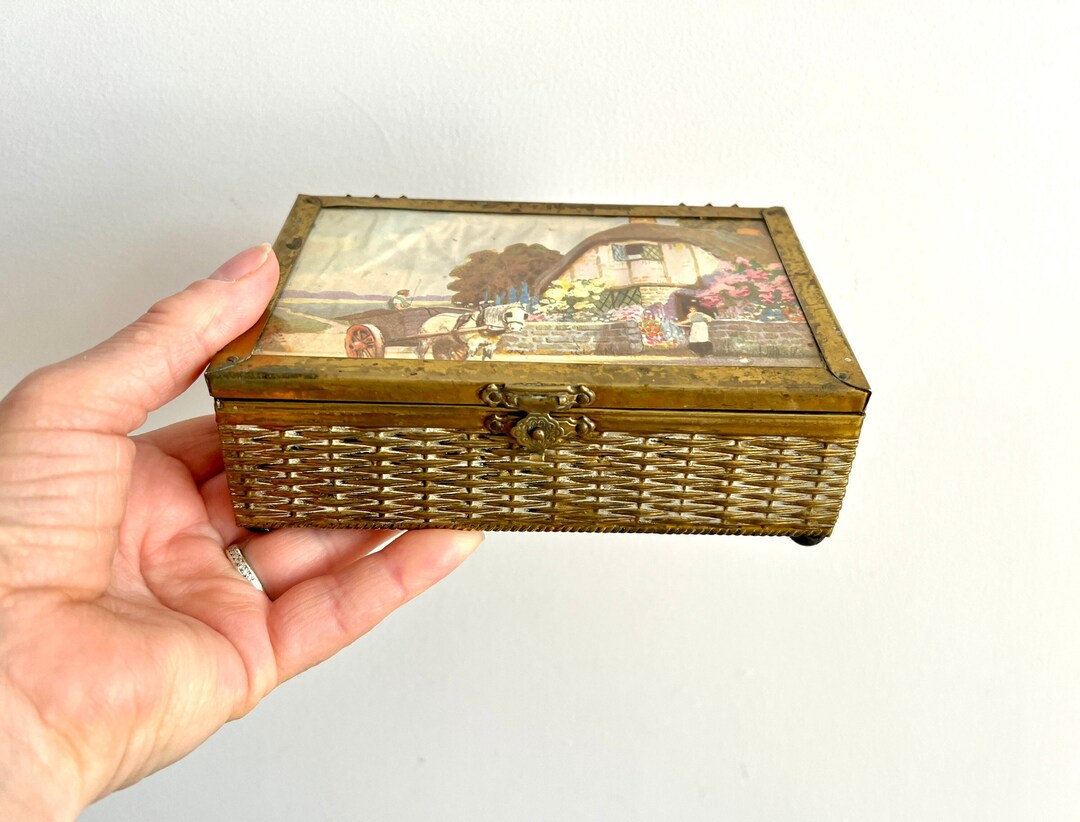Vintage Handmade Wood & Brass Jewelry Box With Rural Scene on Hinged ...