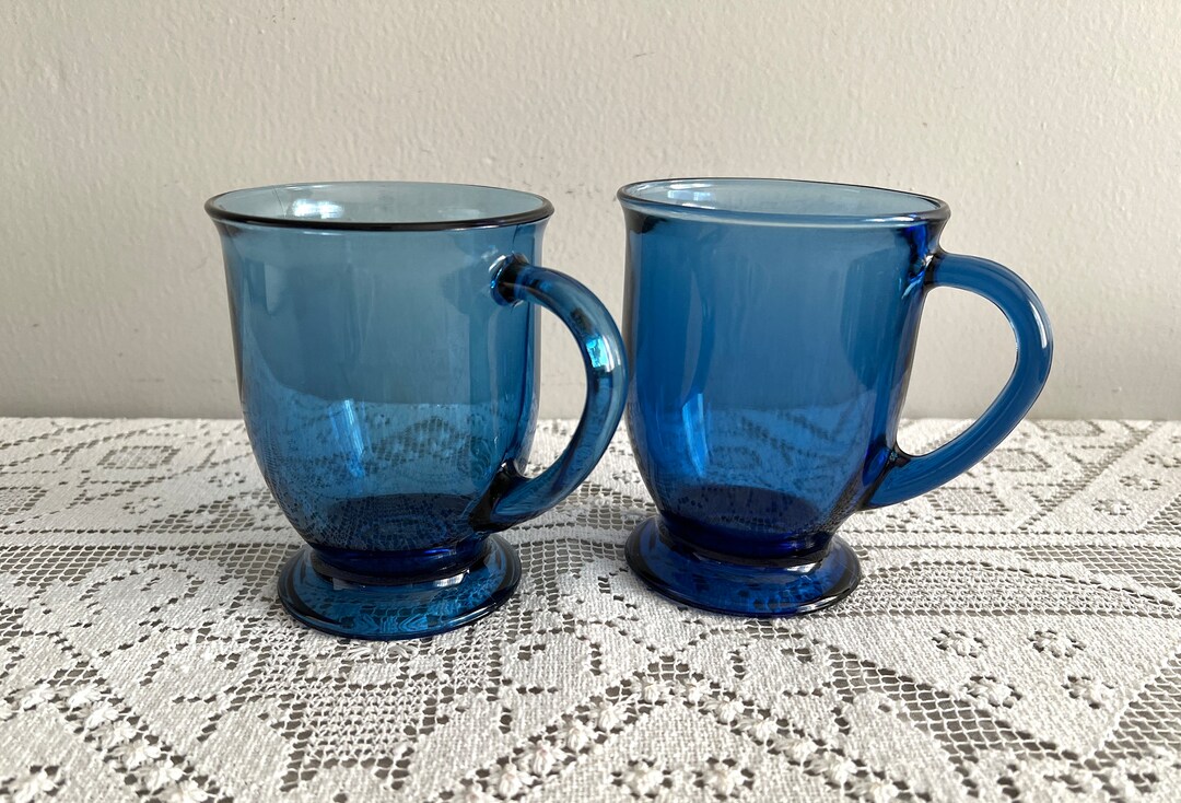 2 Anchor Hocking Cobalt Blue Glass Footed 16oz. Mugs, Made in U.S.A. - Etsy