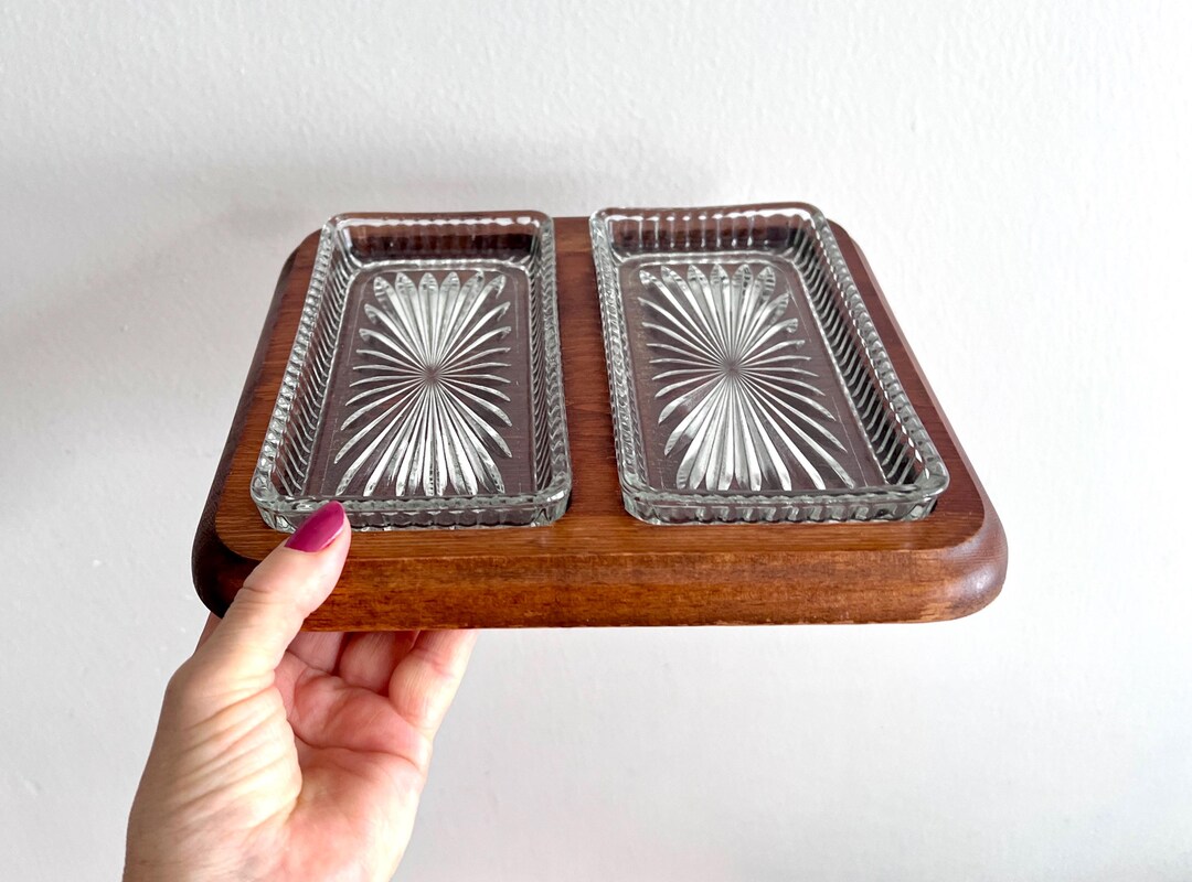 Wooden Square Serving Tray With 2 Rectangular Clear Glass Dished ...