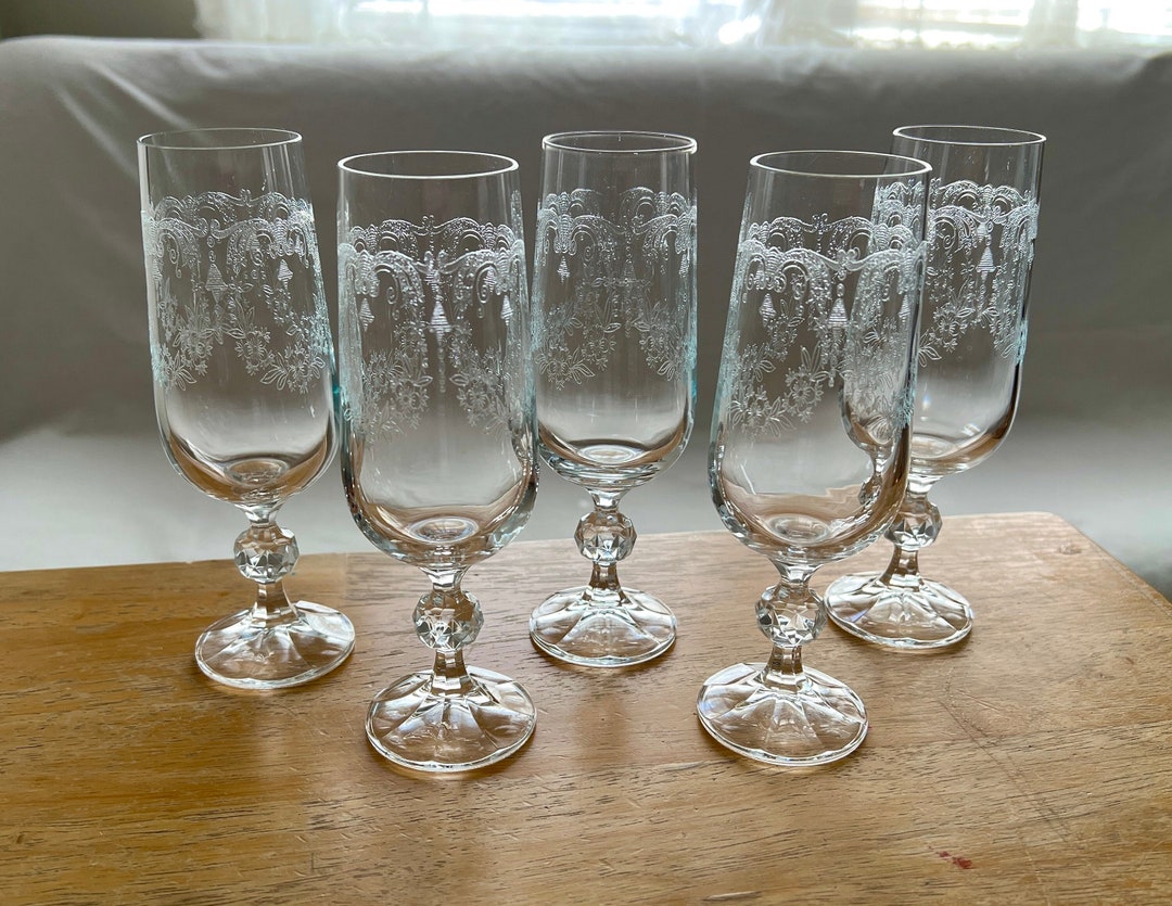 5 Bohemian Czech Crystal Etched Cascade Pattern Champagne Flutes, Short ...