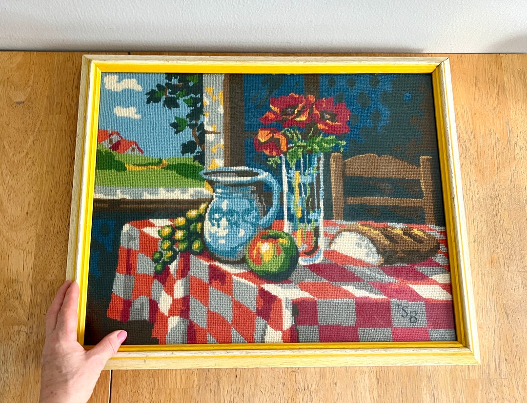 Needlepoint Cross Stitch Framed Wall Art Tabletop Still Life Scene - Etsy