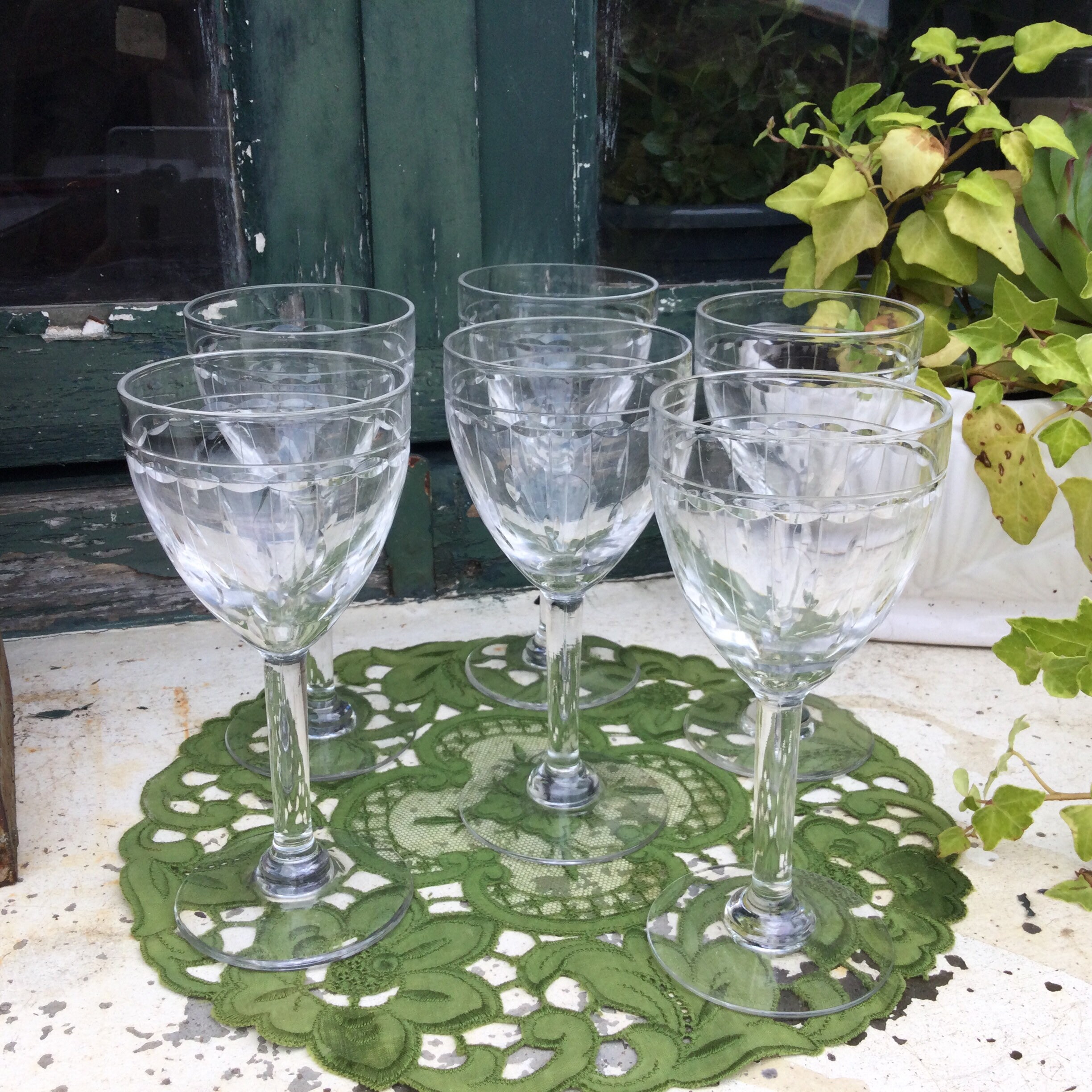 6 Art Deco Cut Glass Red Wine Aperitif Glasses Elegant Etched Etsy