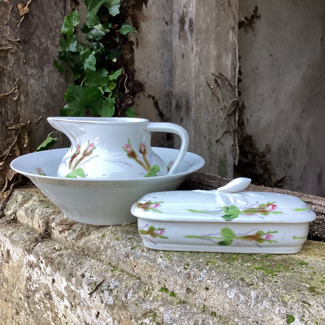 Rare Bathroom Faience/paris Porcelain/rose Bud Design/bowl, Pitcher and ...