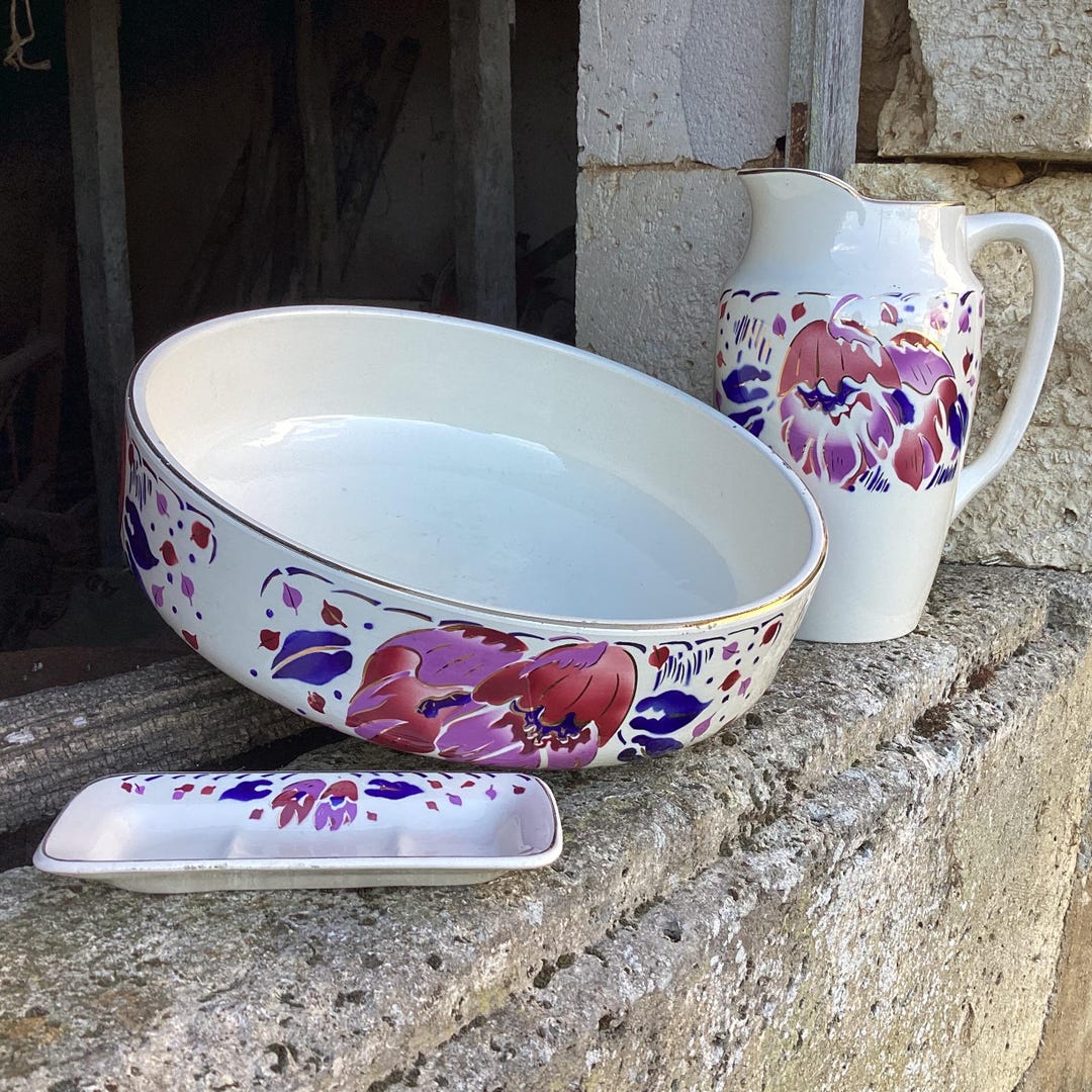 Large Antique Wash Bowl, Pitcher and Soap Dish/vintage Bathroom Set ...