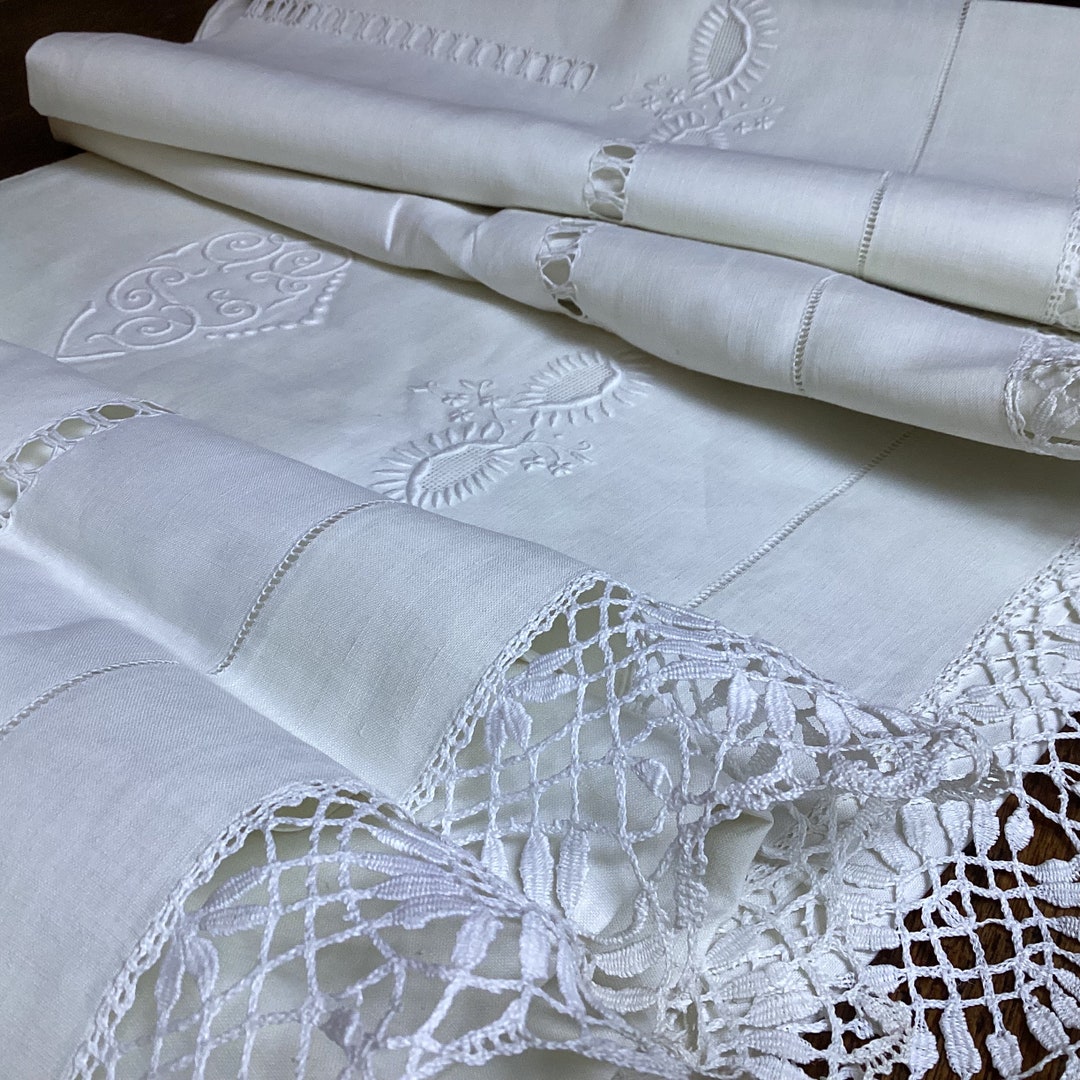 French Vintage Embroidered Linen Flat Sheet/linen Fil Sheet/hand ...