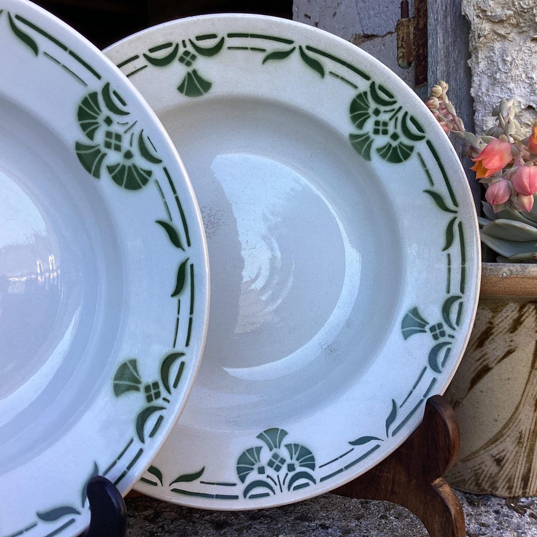 Art Deco Soup Bowls, Badonviller French Faience, Green Transferware ...