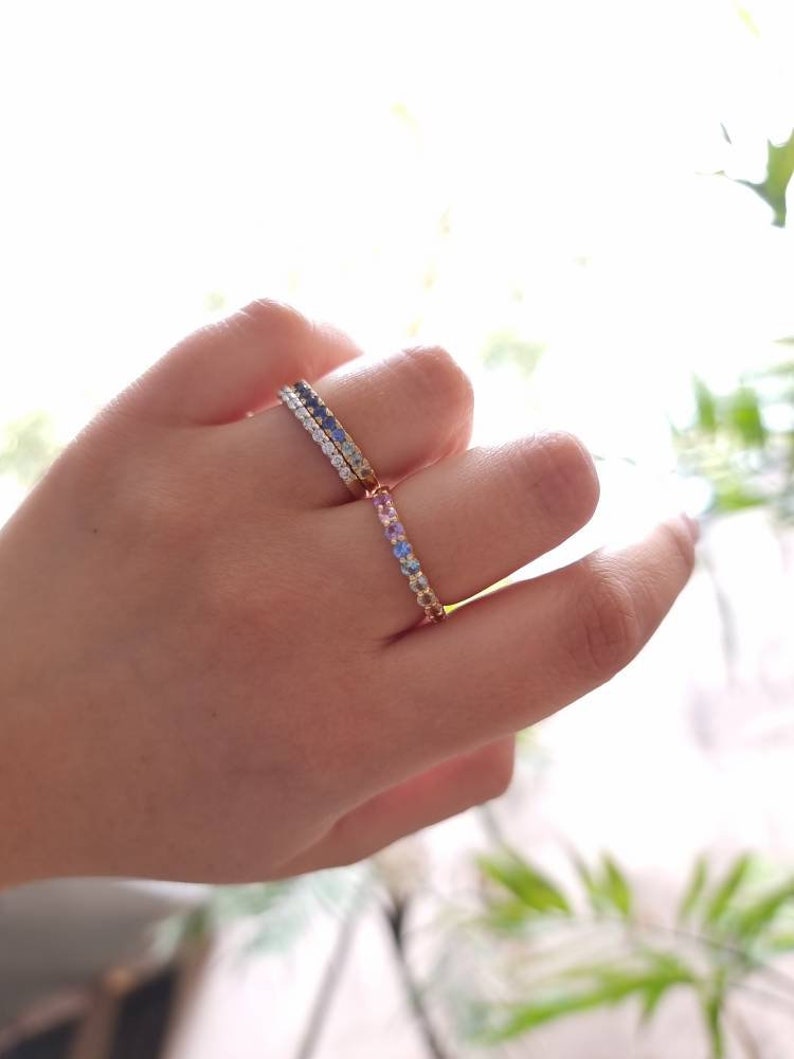 Rainbow Pastel Sapphire Mid Eternity Ring Solid 14k Gold | Etsy