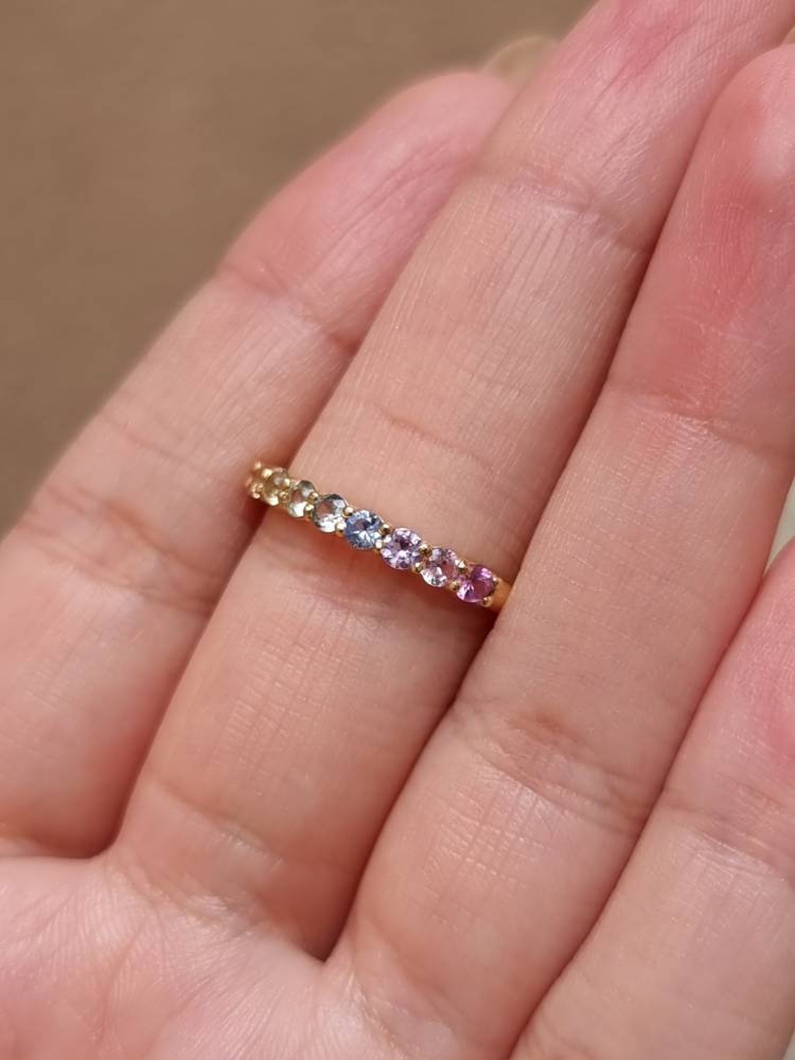 Rainbow Pastel Sapphire Mid Eternity Ring Solid 14k Gold | Etsy