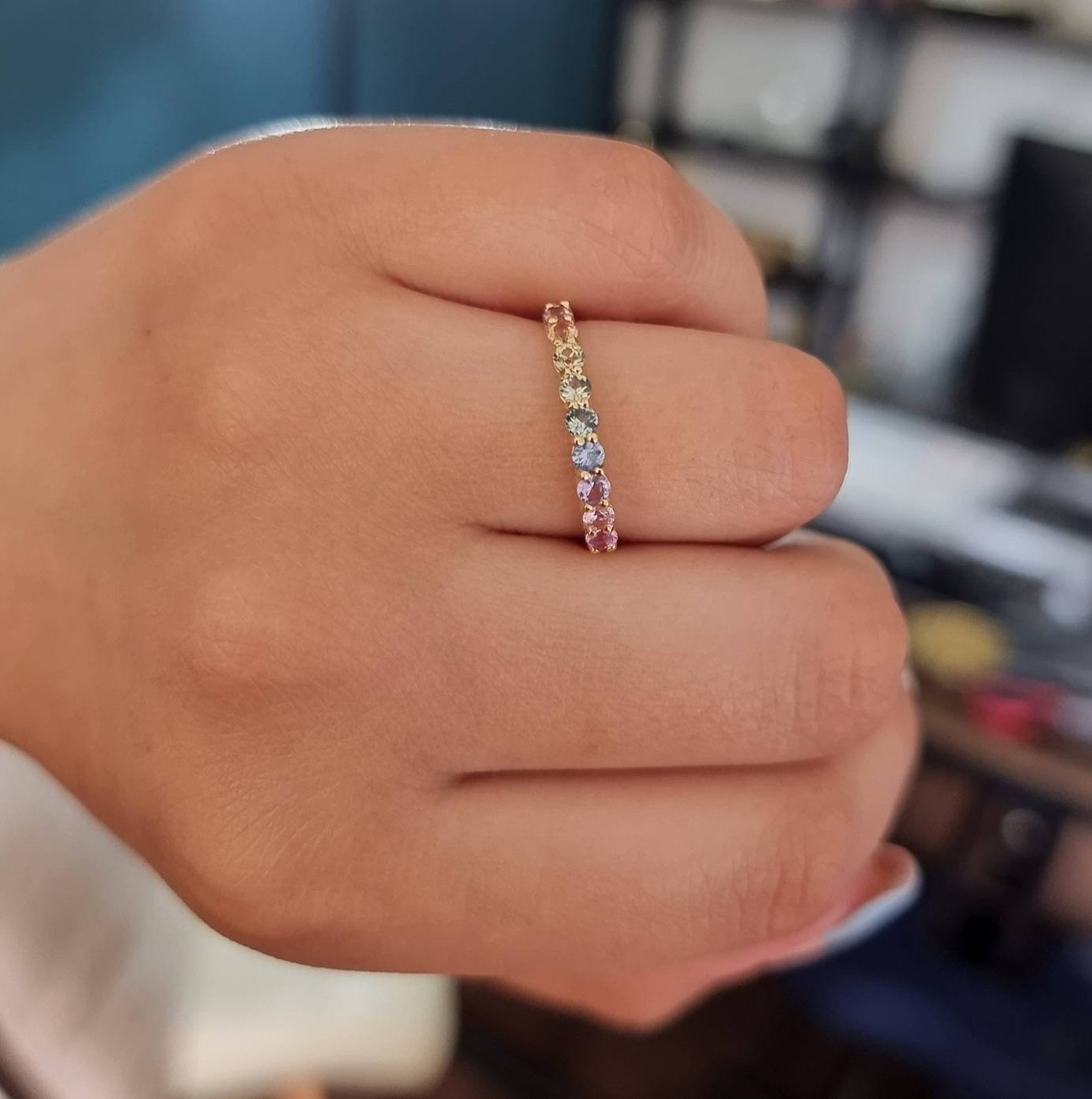 Rainbow Pastel Sapphire Mid Eternity Ring Solid 14k Gold | Etsy