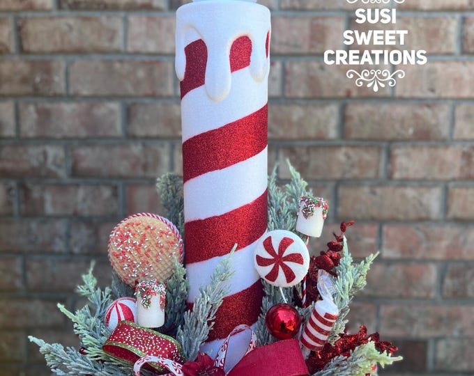 Christmas Candycane Candle Centerpiece, Gingerbread Decor, Tall LED ...