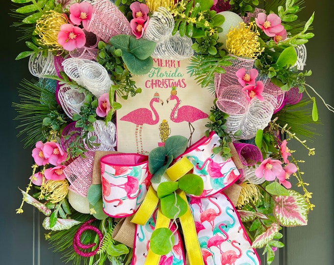 Christmas Flamingo Wreath, Florida Beach Wreath, Florida Christmas ...