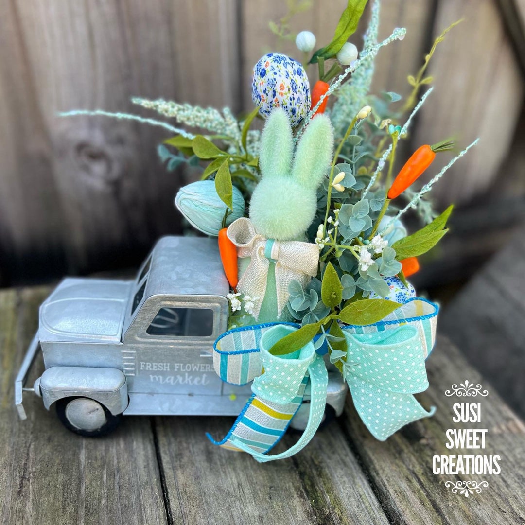 Easter Truck Arrangement With Bunny, Flocked Rabbit Centerpiece, Spring ...