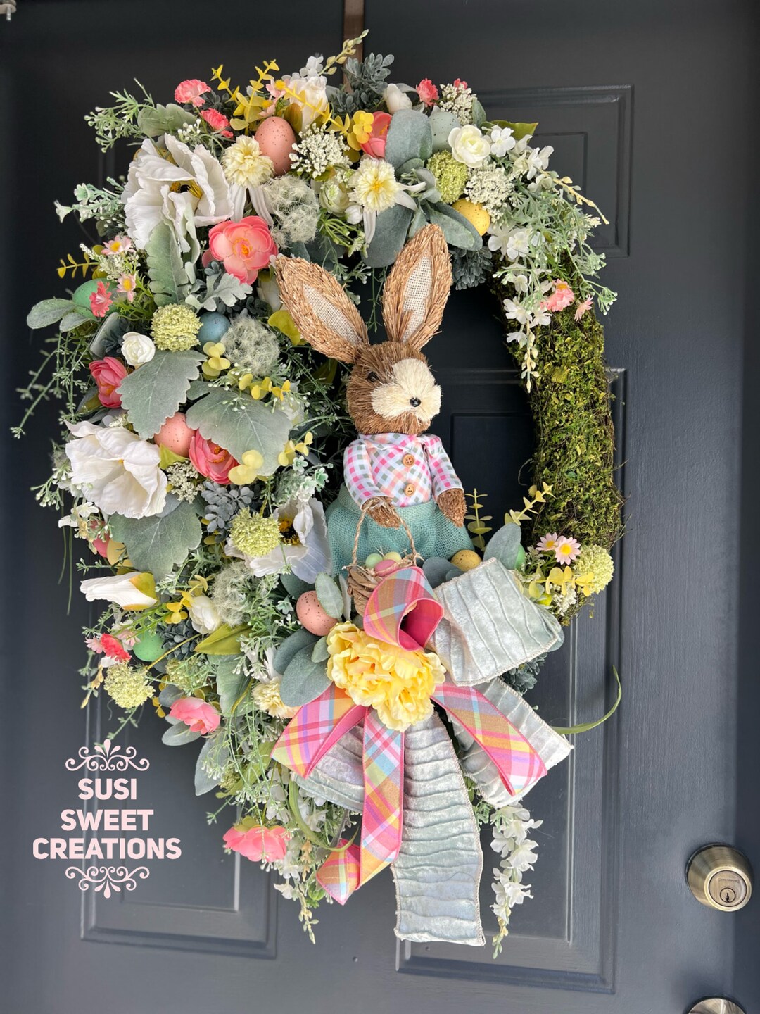 XL Easter Moss Wreath With Bunny, Spring Flowers & Eggs, Easter Door ...