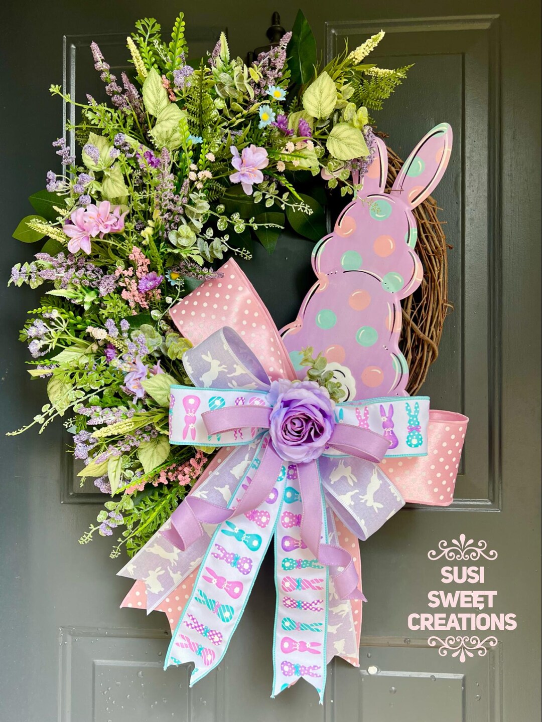 Lavender Polka Dot Bunny Easter Wreath, Spring Purple Floral Grapevine ...