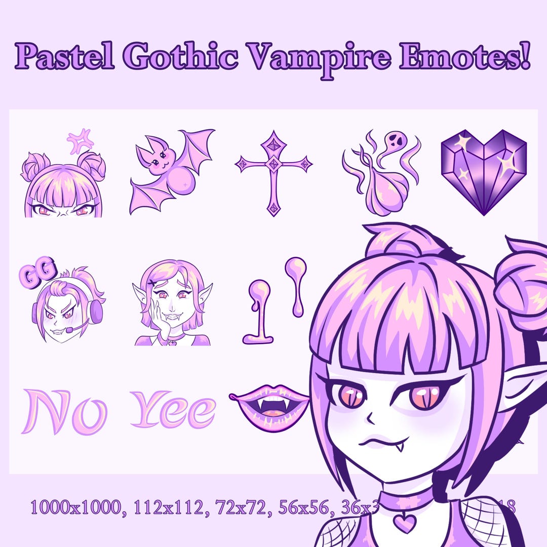 Pastel Gothic Vampire Emote Pack - 15 PNG Emotes for Twitch | Cute Bat ...