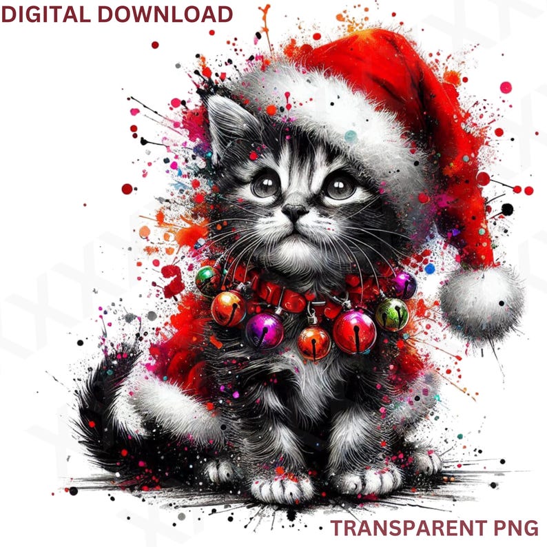 Adorable Christmas Kitten PNG PDF JPG Clipart File, Noel Wall Art, Cute ...