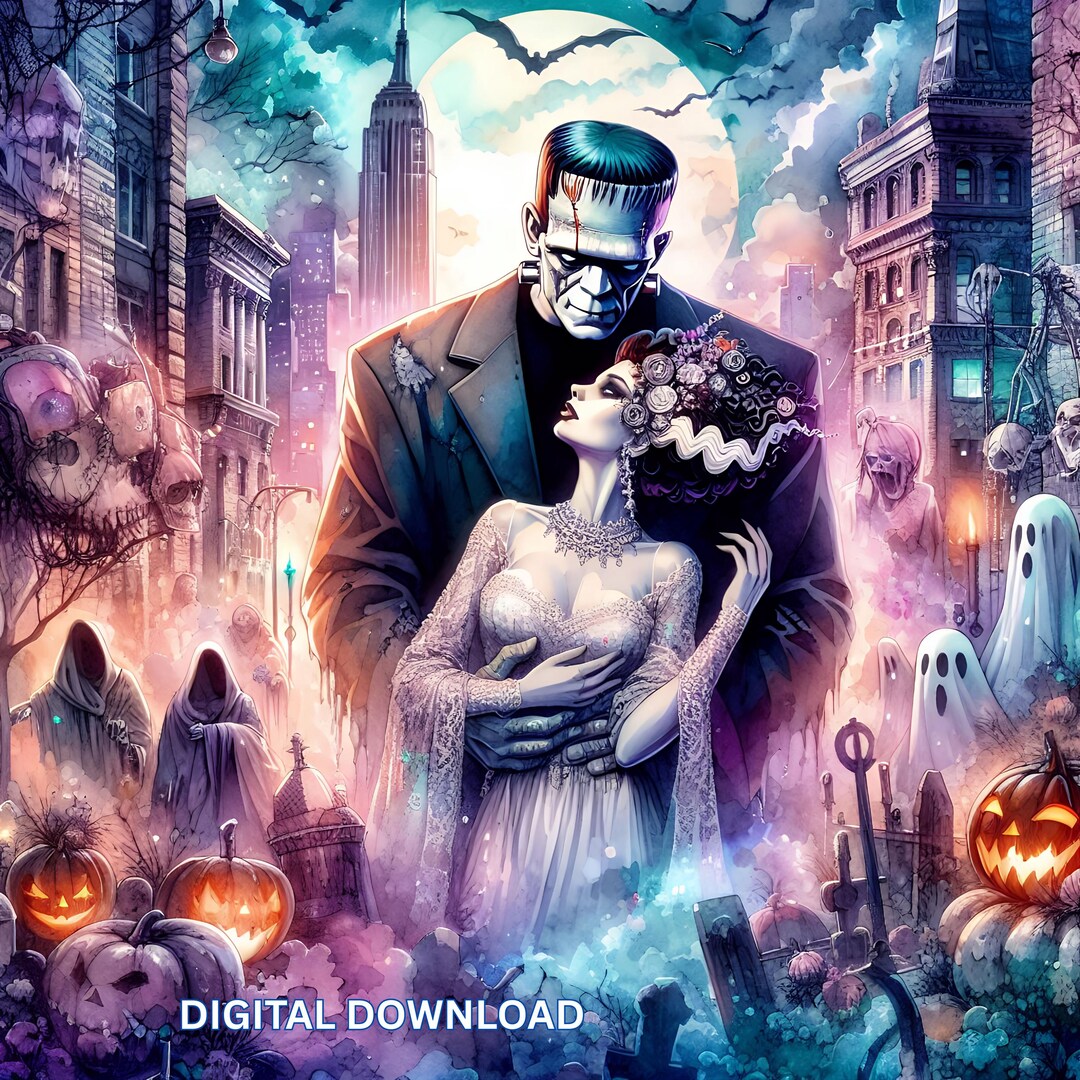 Frankenstein & Bride Halloween Seamless Tumbler Wrap: Gothic Horror Art ...