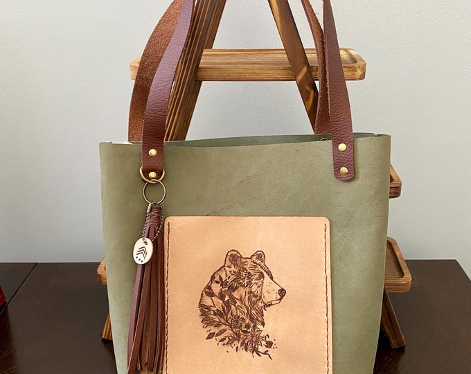Handmade Leather Tote Bag With Unique Hand-burned Bear Design - Etsy
