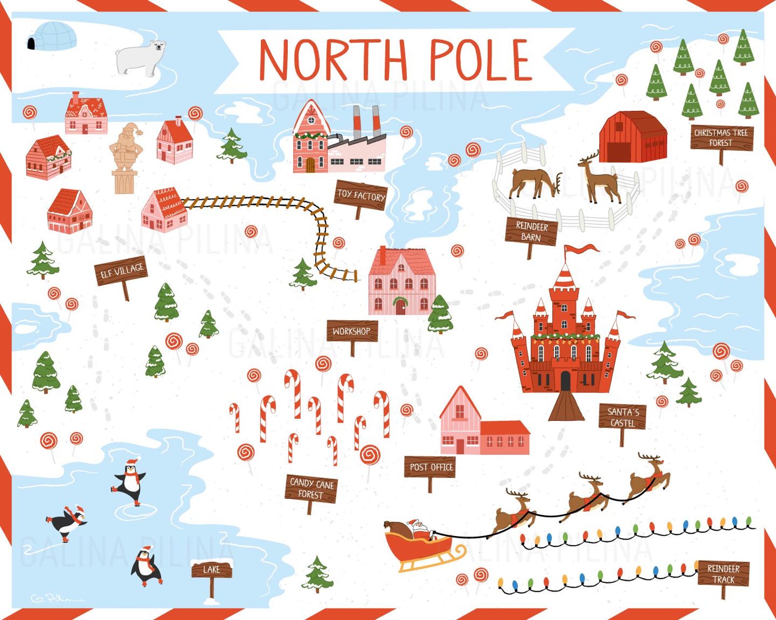 Fun Printable Map of the North Pole. Christmas Card Print. Cute ...