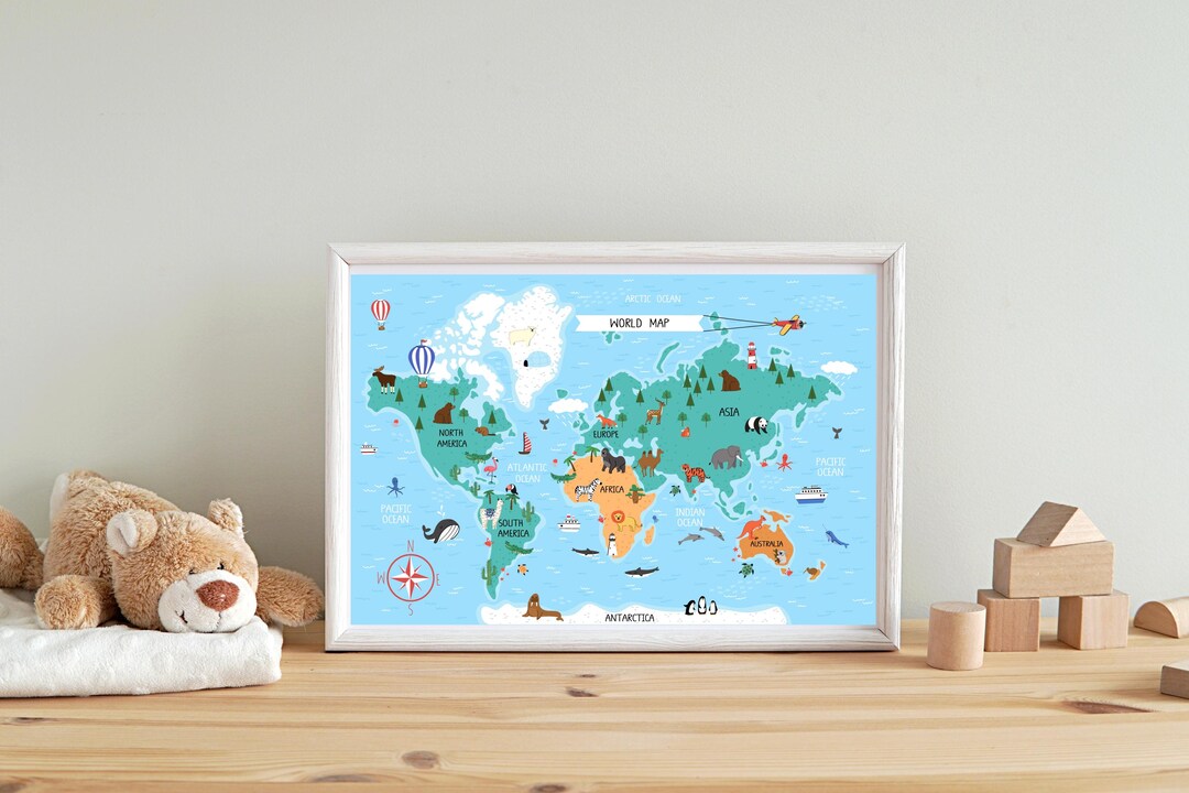 Fun World Map Print With Continents and Animals. Printable Kid's ...
