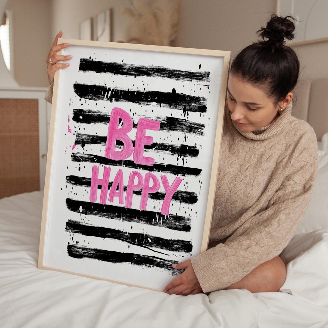 Be Happy Typography Print | Positive Wall Art | Inspirational Quote ...