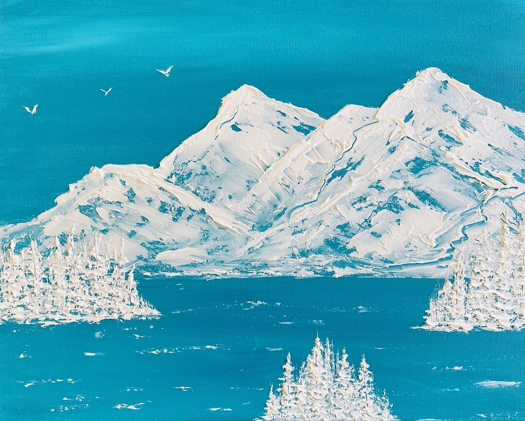 Teal Mountain Lake Wall Art Home Office Wall Art Painted by - Etsy