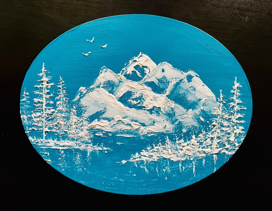 Teal and White Oval Landscape Painting, Painted by Blind Artist ...