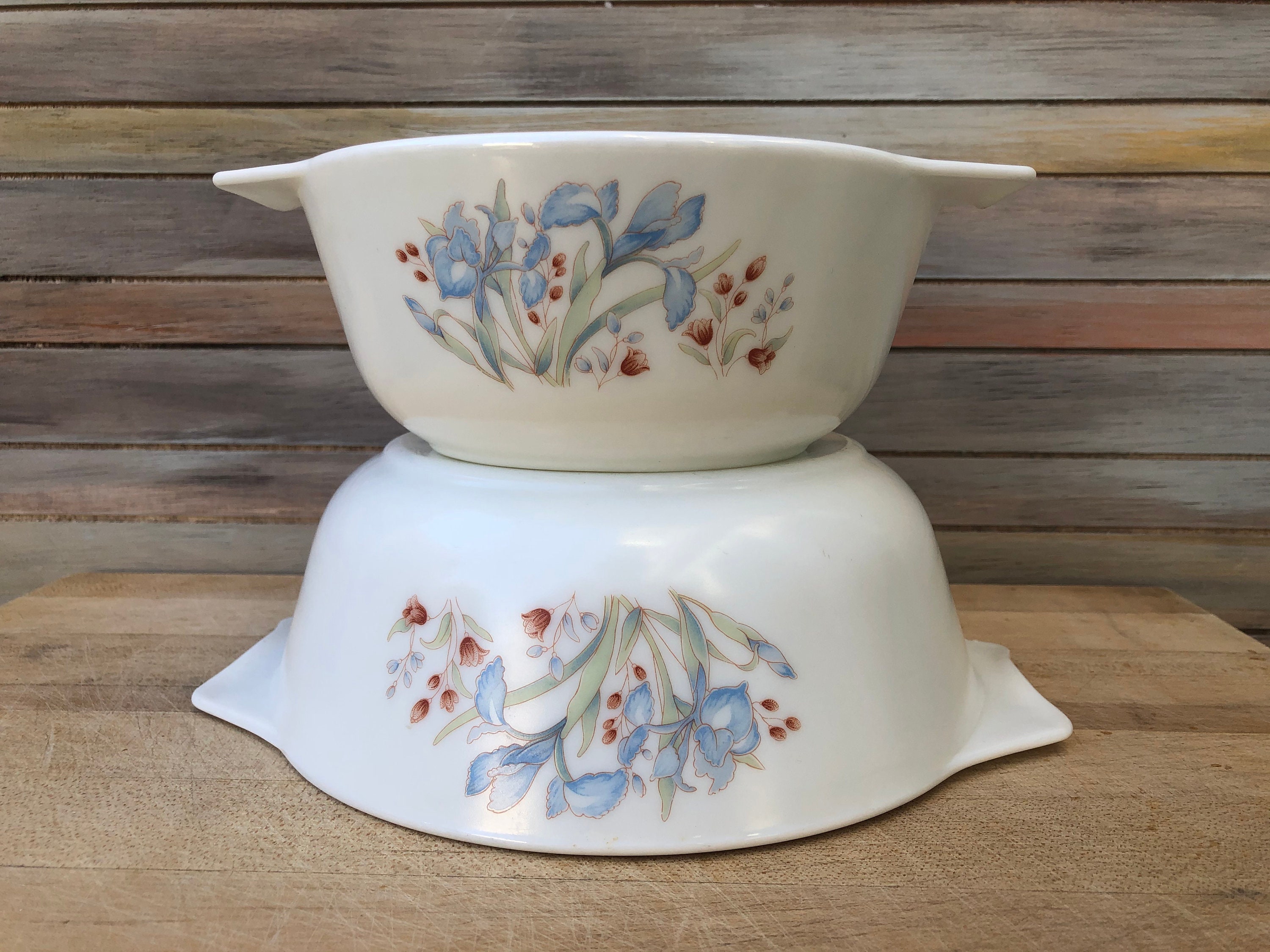 Vintage Pyrex White With Blue Iris - Set of 2 Nesting Bowls Casserole ...