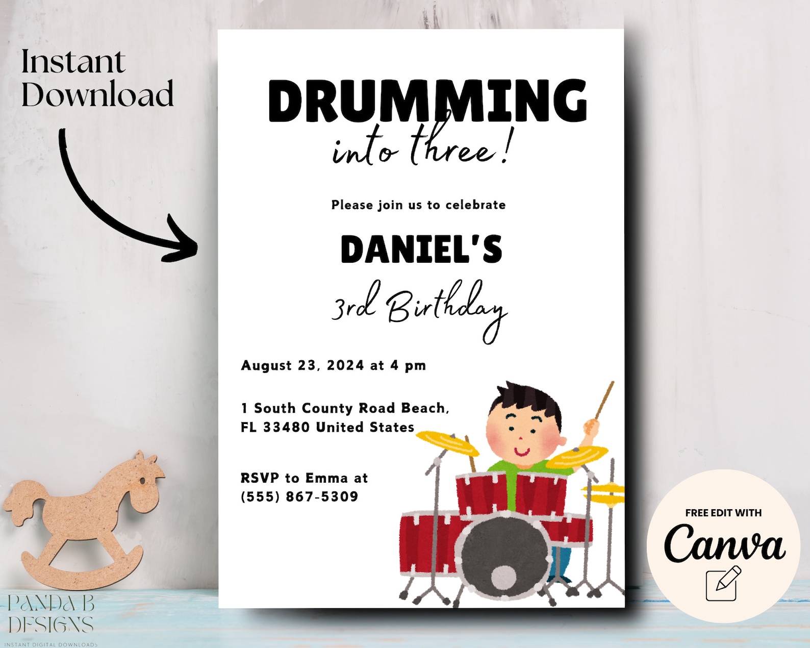 Drum Birthday Invitation Drum Theme Invitation Musical Instruments 3rd ...