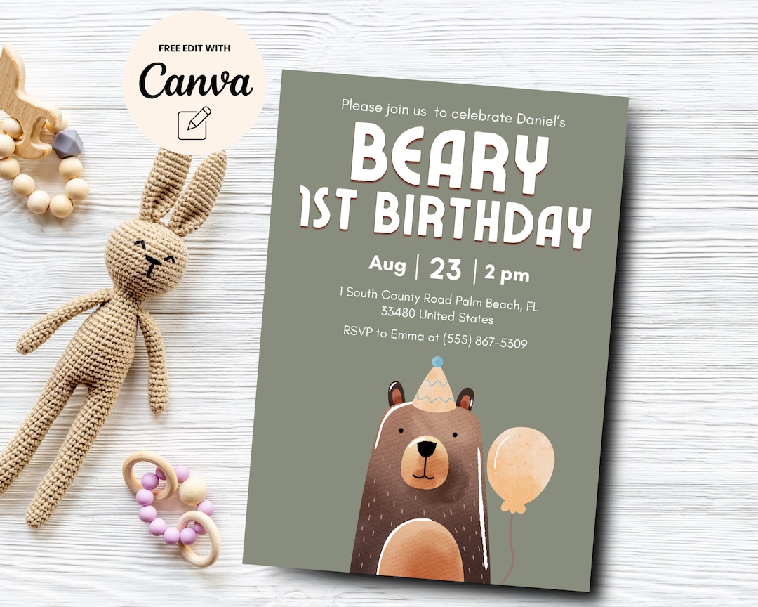 Beary First Birthday Invitation, Bear 1st Birthday Invite, Bear Party ...