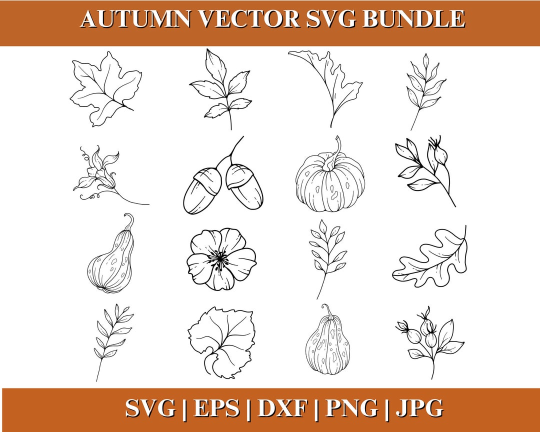 Autumn Vector SVG Bundle, Fall Leaf Outline Clipart Bundle, Autumn ...