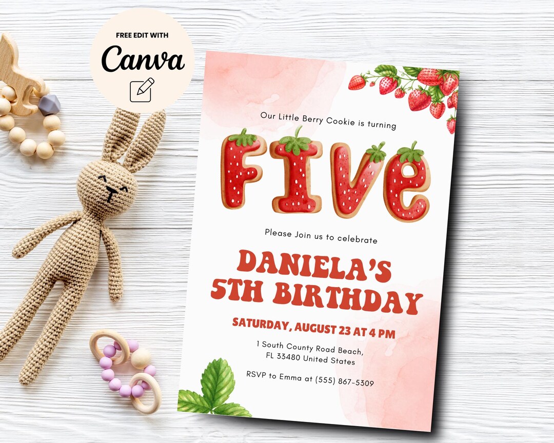 Berry Cookie 5th Birthday Invitation, Strawberry Party Invite, 5th ...